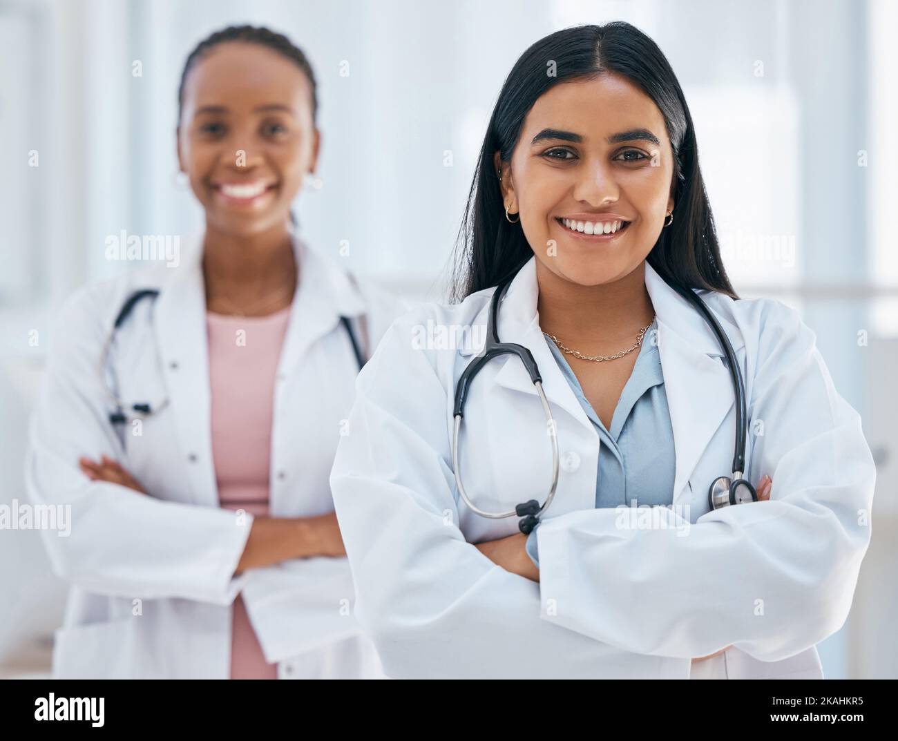 Leadership, teamwork and women doctors in partnership at hospital, proud, happy and excited for ...