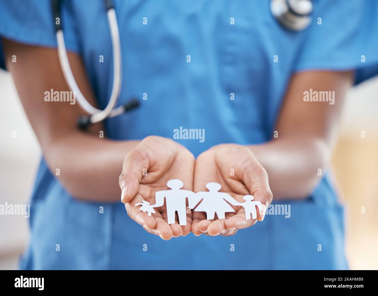 Family nurse, doctor and woman hands with paper dolls to show children ...