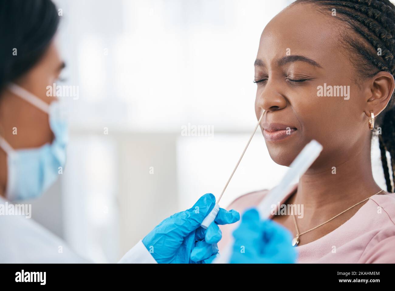 Covid doctor, pcr nose swab and black woman check rapid antigen test in ...