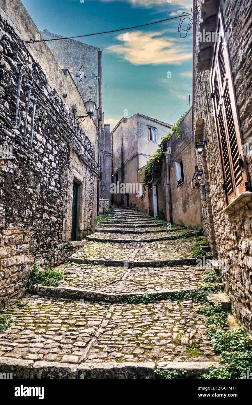 Small streets in the mountain city of Erice on western Sicily, Italy ...
