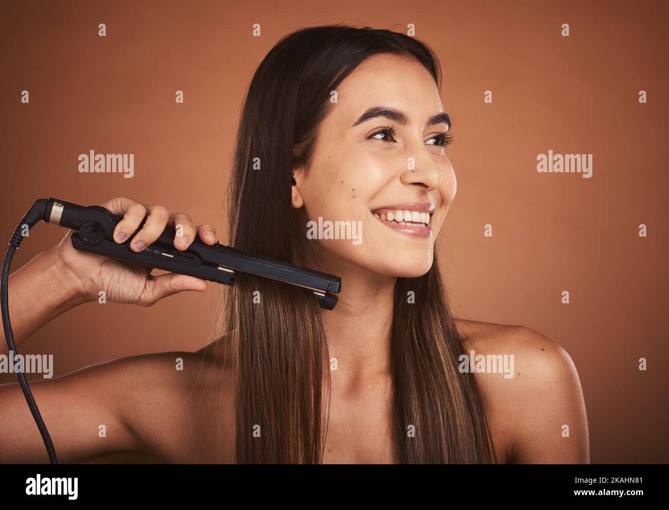 Flat iron woman, hair care studio and beauty cosmetics with smile ...