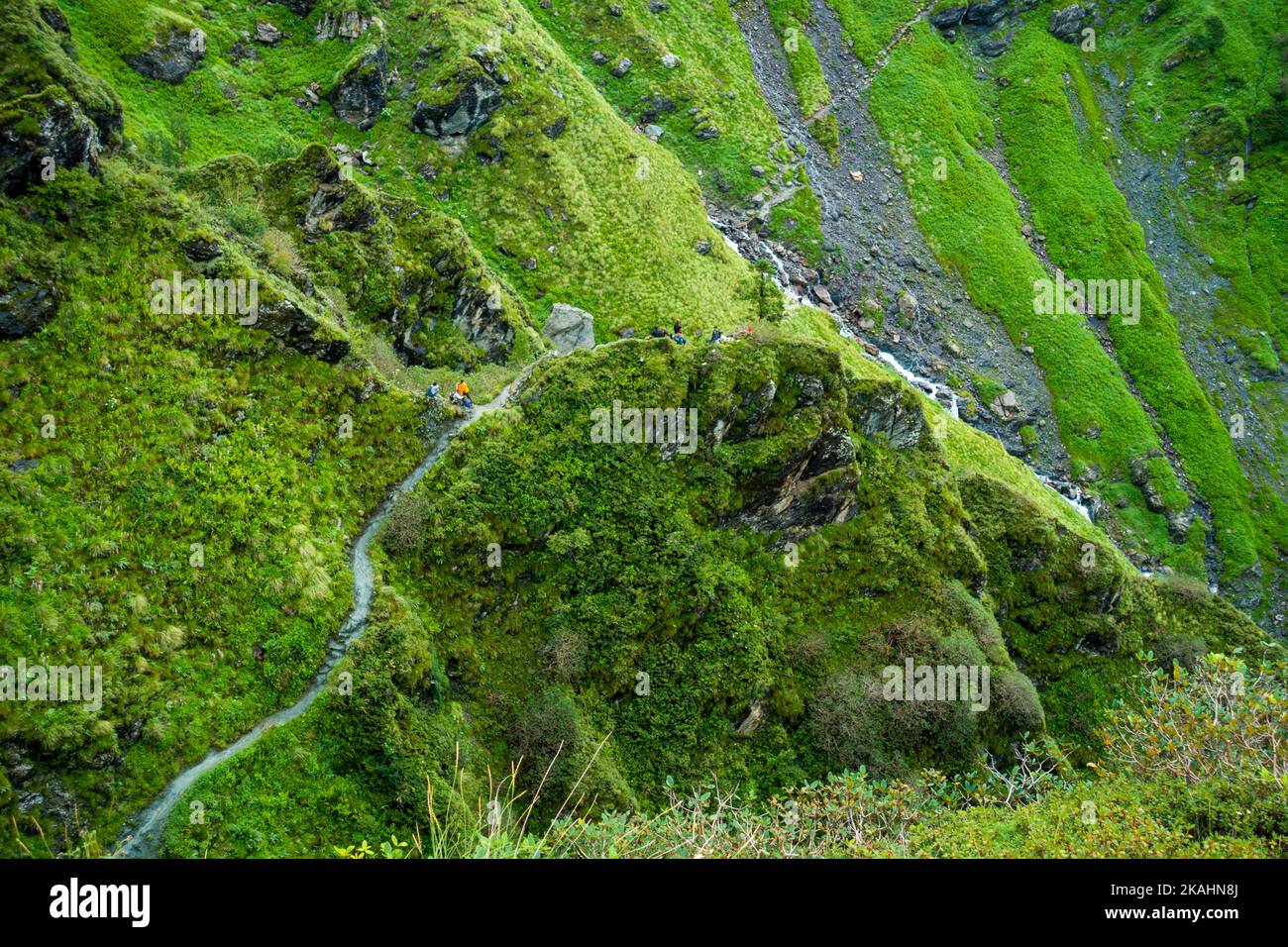 Trekking trail with Beautiful mountains peaks and waterfalls in the ...