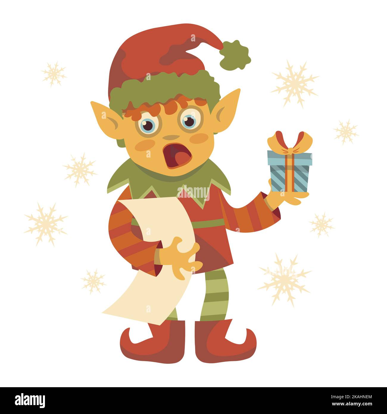 christmas elf in amazement reads the list of gifts vector christmas new ...