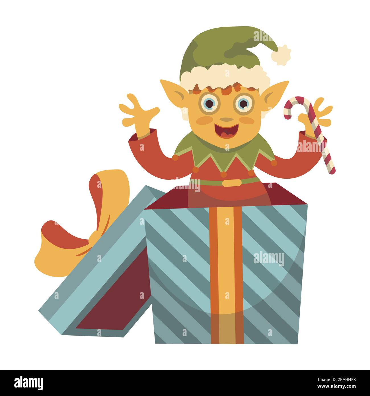 christmas elf jumping out of a big box vector christmas new year Stock ...