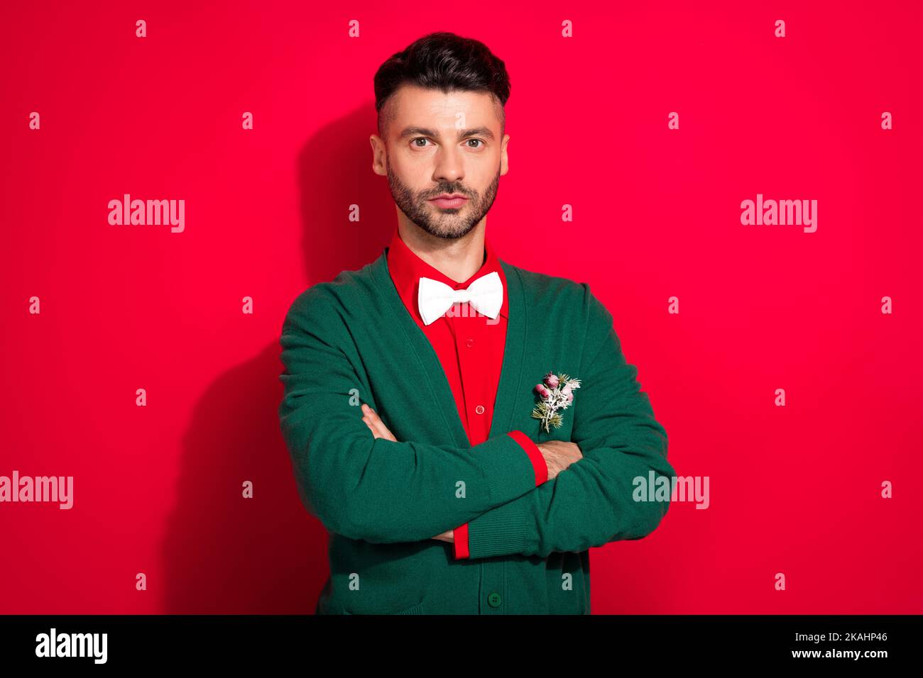 Photo of serious successful person crossed arms calm face isolated on ...