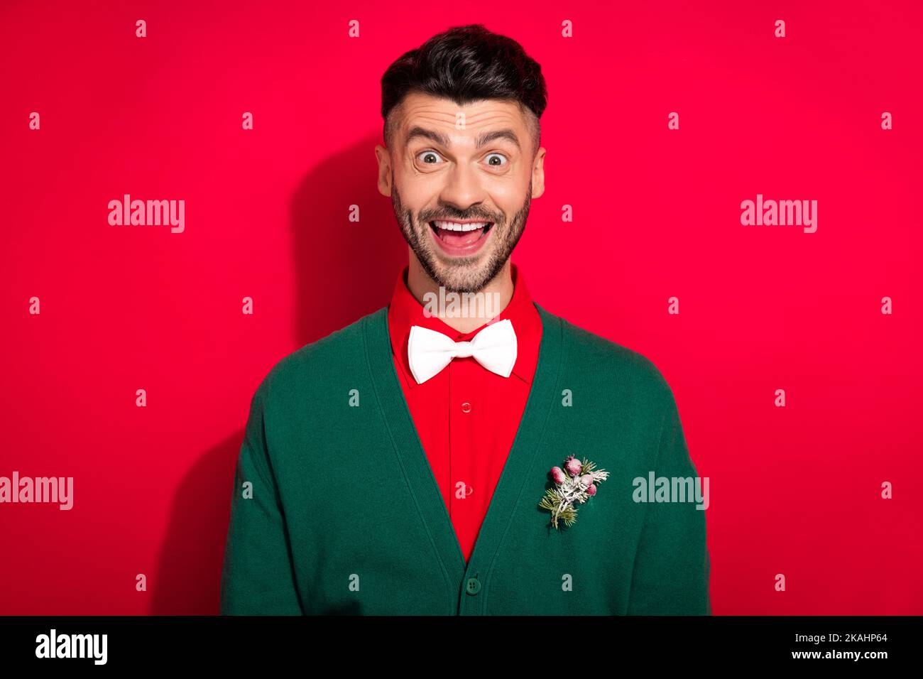 Photo of astonished positive guy open mouth unbelievable toothy smile ...