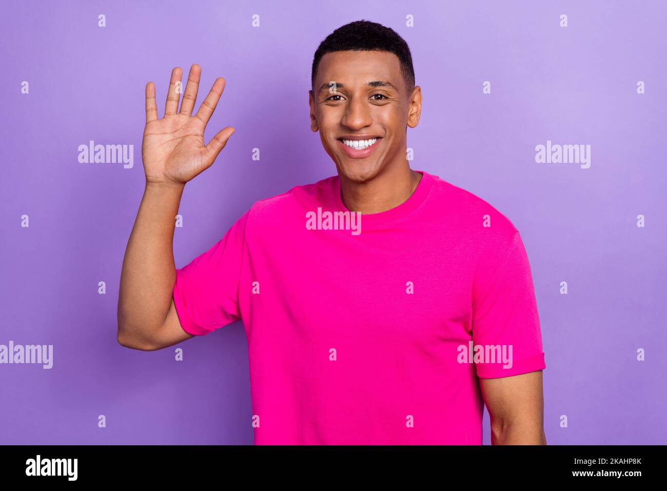 Photo of optimistic candid sincere nice guy with box haircut dressed ...