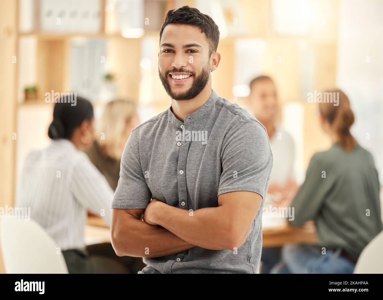 Portrait, businessman and arms crossed in office or meeting with smile ...