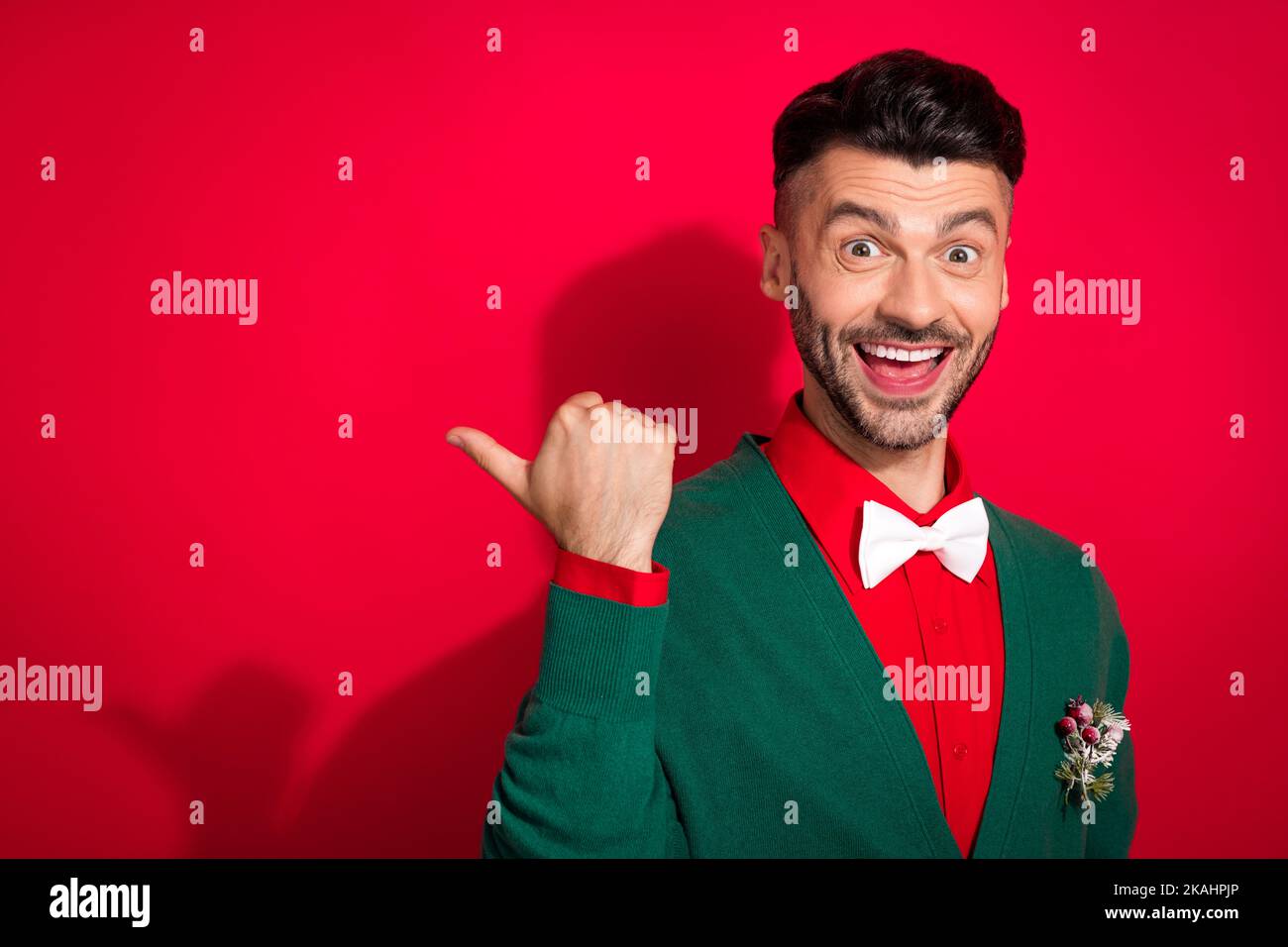 Closeup portrait photo of brunet santa claus guy wear stylish green ...