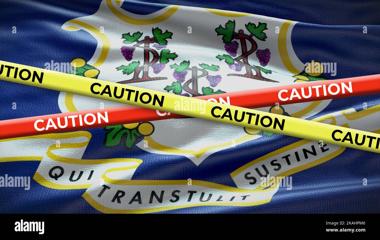 Connecticut state symbol flag with caution tape. 3D illustration Stock ...