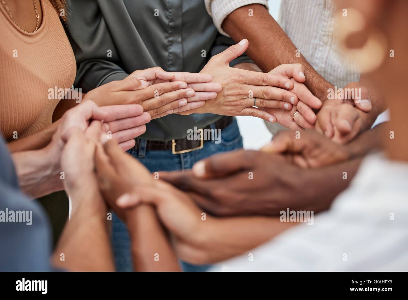 Community, partnership and support from hands of business people for teamwork, collaboration and ...