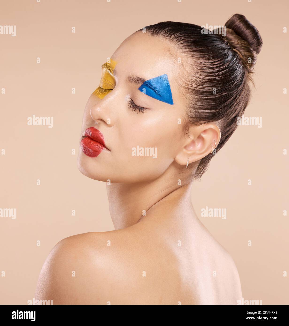 Woman, beauty and fine art makeup in cosmetics, facial or pose for ...