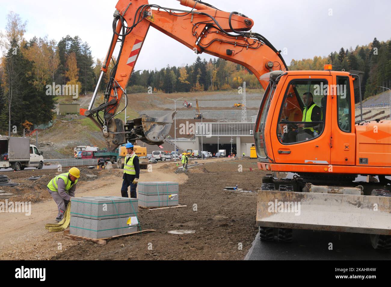 Naprawa. Malopolska. Poland. Road construction site. Workers and ...