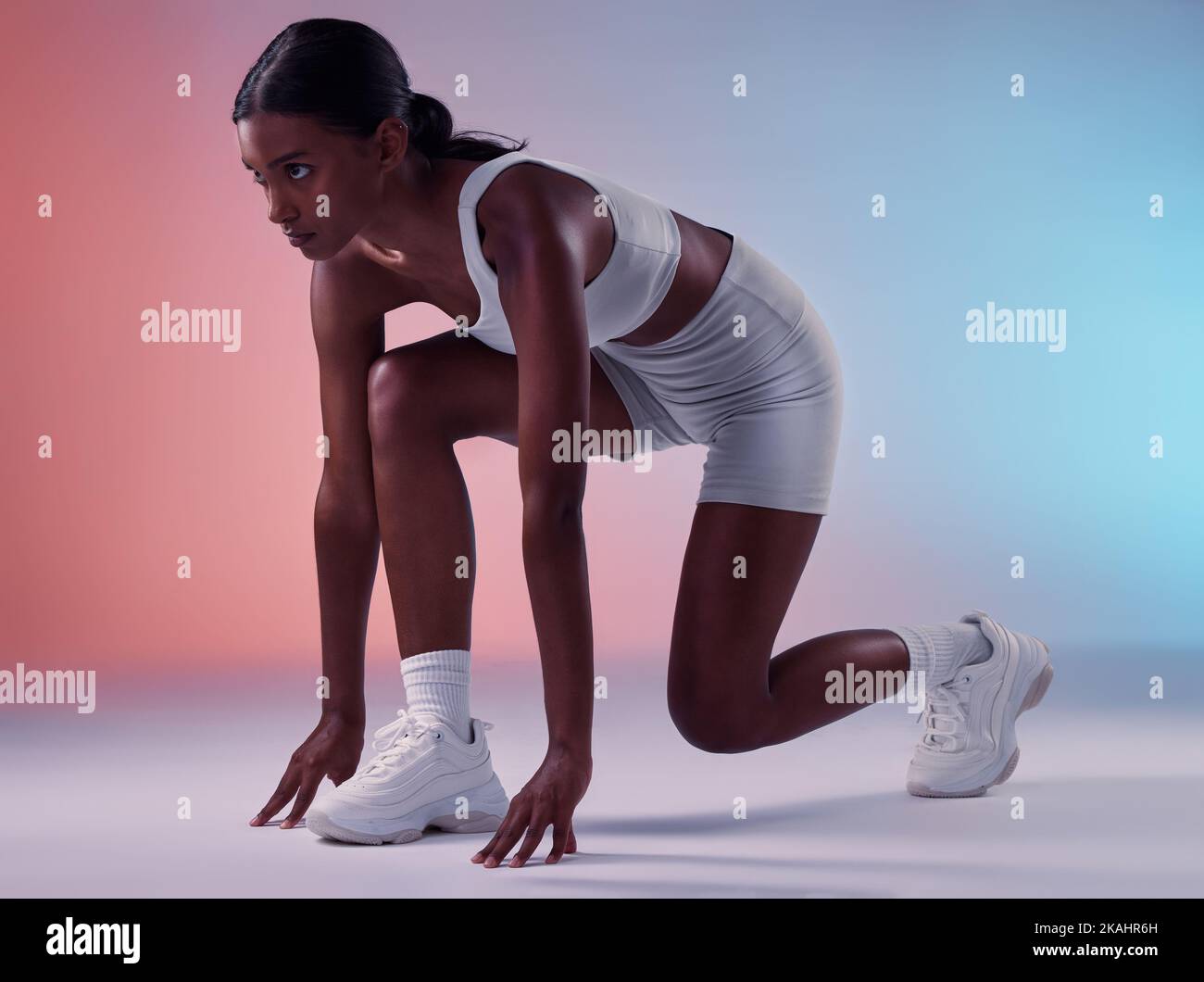 Sports, runner and black woman gradient studio mock up for exercise ...