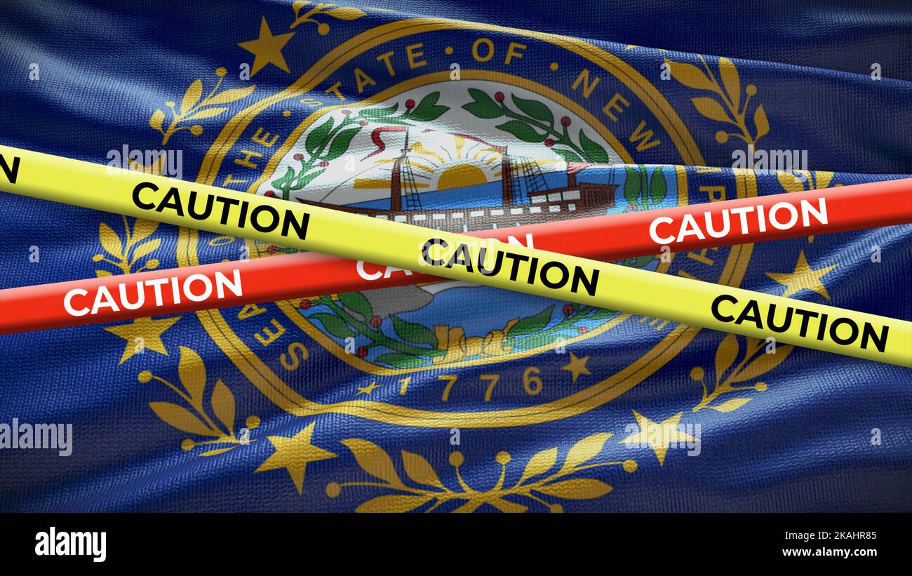 New Hampshire state symbol flag with caution tape. 3D illustration ...