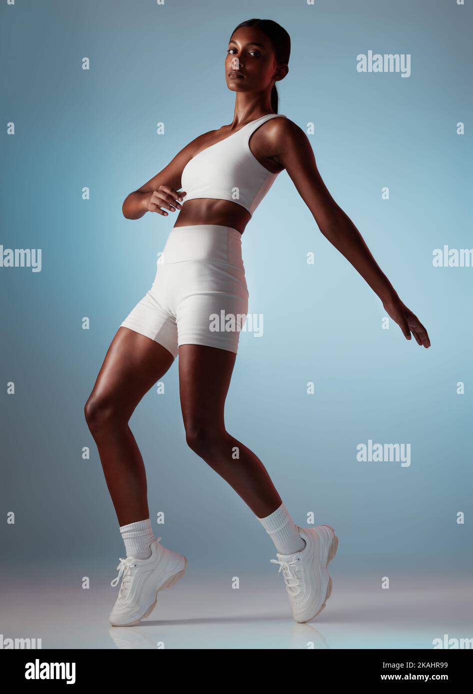 Fitness, dancing and body of black woman balance in studio mock up for ...