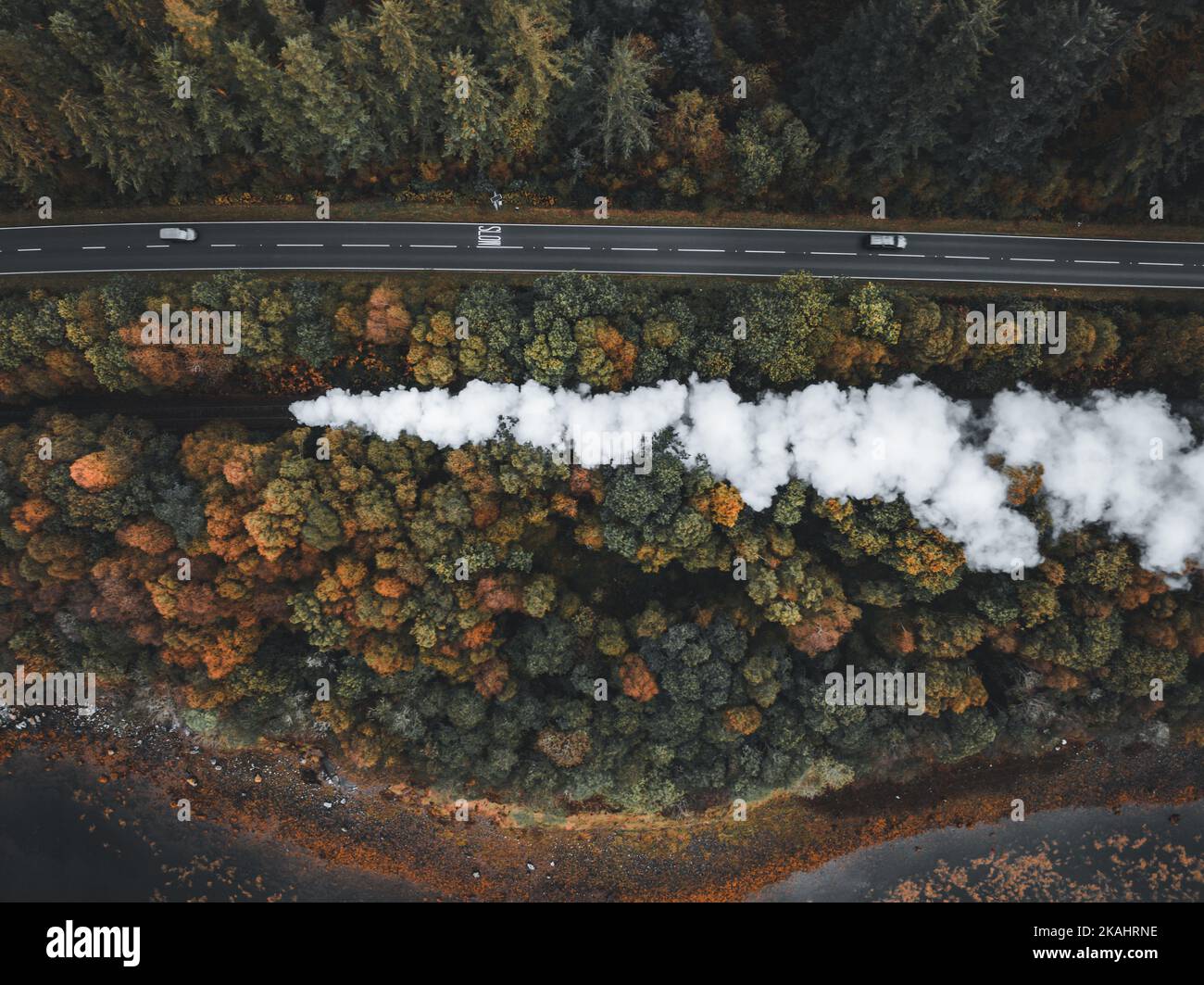 Bird's Eye View of a Steam Train Passing Through an Autumnal Forest ...