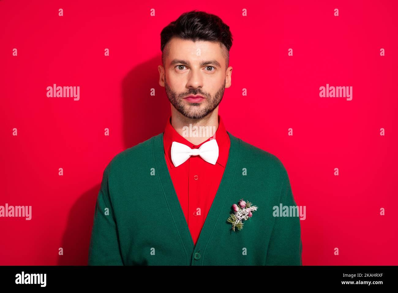 Photo of dandy nice young person calm face look camera isolated on ...