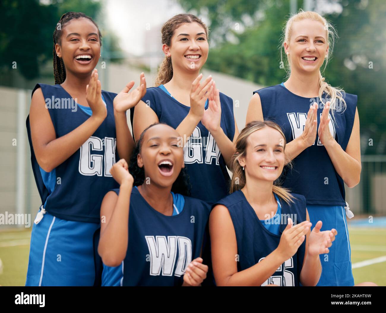 Netball, sports and applause with a woman team in celebration of a ...