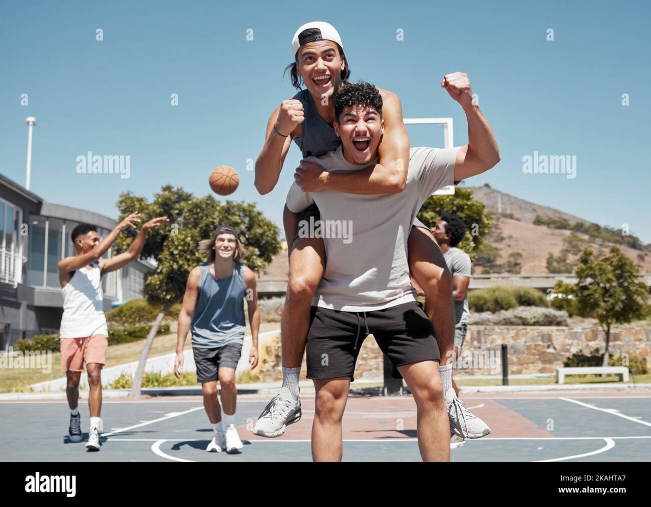 Basketball, celebrate win and sport with team, success on basketball ...