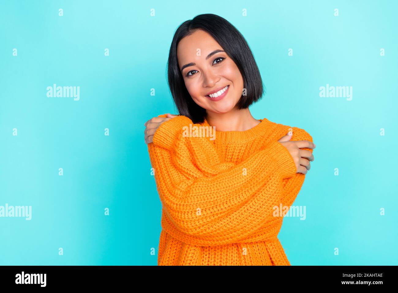 Portrait of gorgeous cheerful pretty girl with bob hairstyle wear ...
