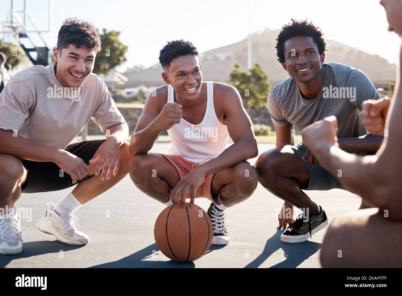 Basketball player, team and group talking for motivation and game ...