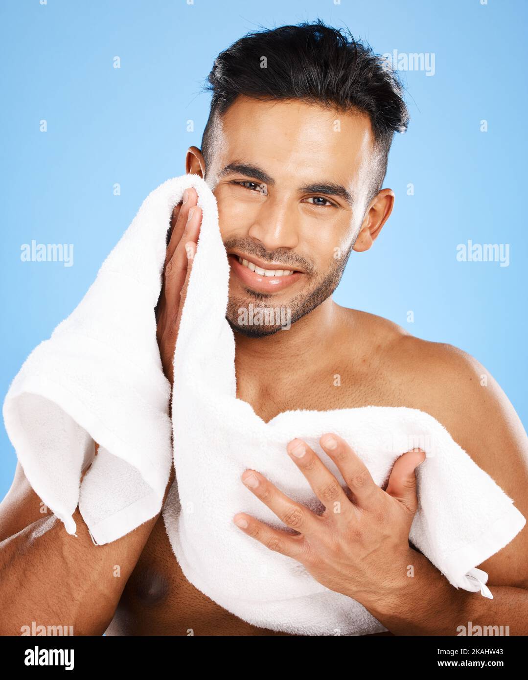 Towel, face and skincare of beauty man in studio for facial cleaning ...