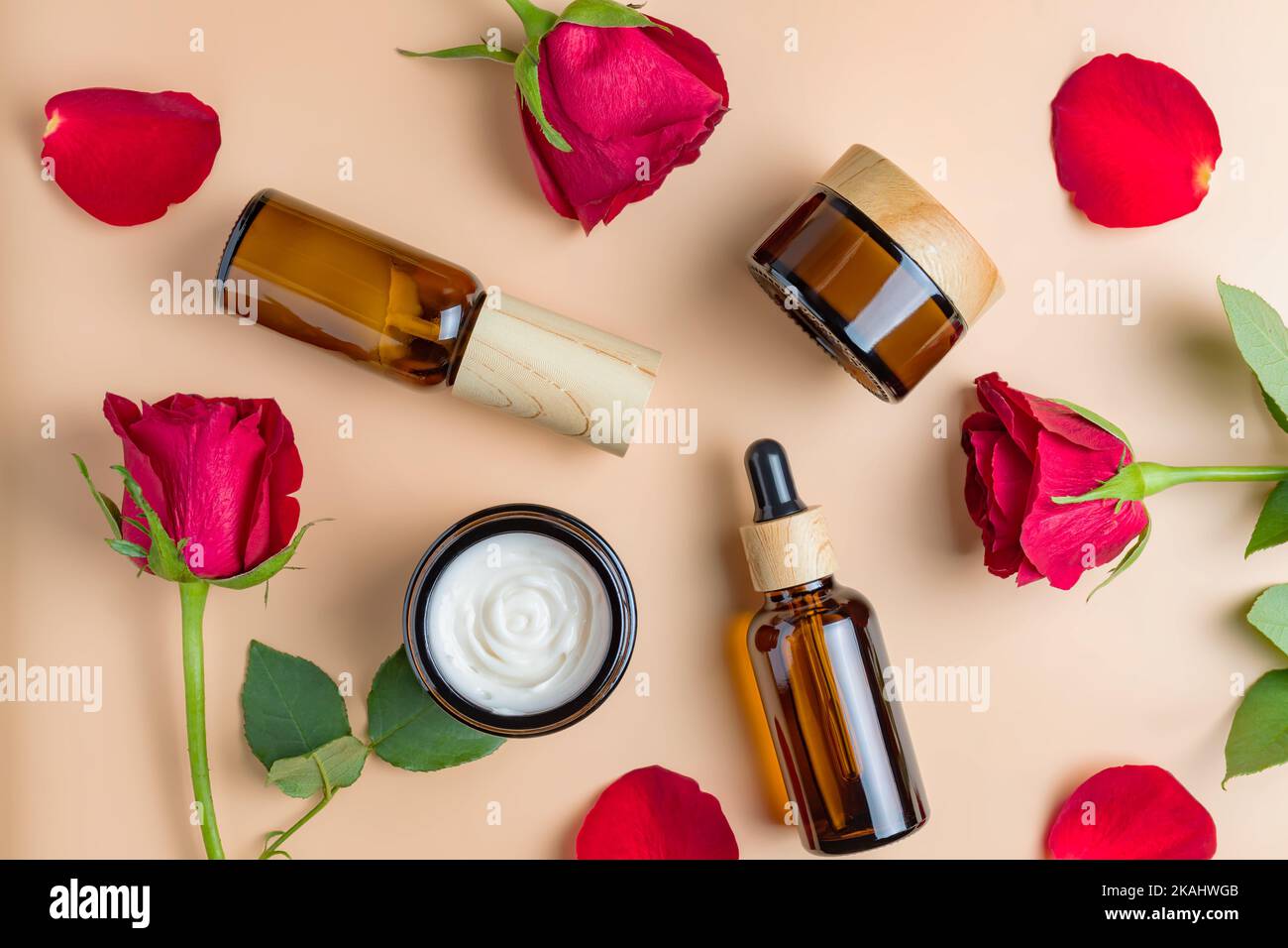 Set of natural organic SPA beauty products on beige background with red ...