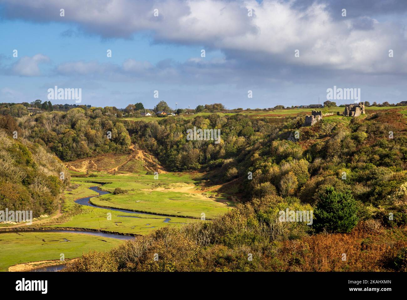 Pennard Castle overlooking Pennard Pill flowing into Three Cliffs Bay ...