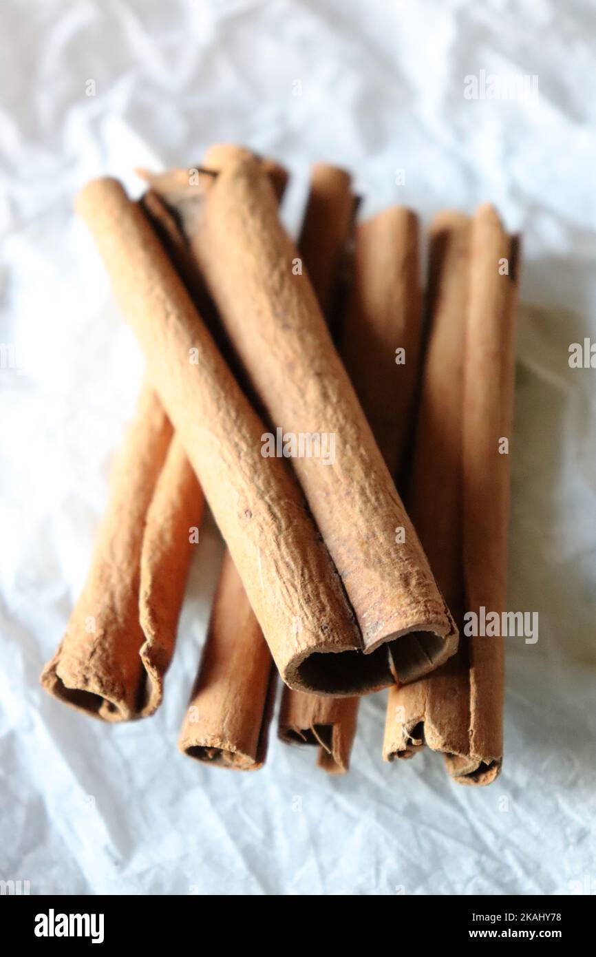 Close-up of Cinnamon sticks against white background Stock Photo - Alamy