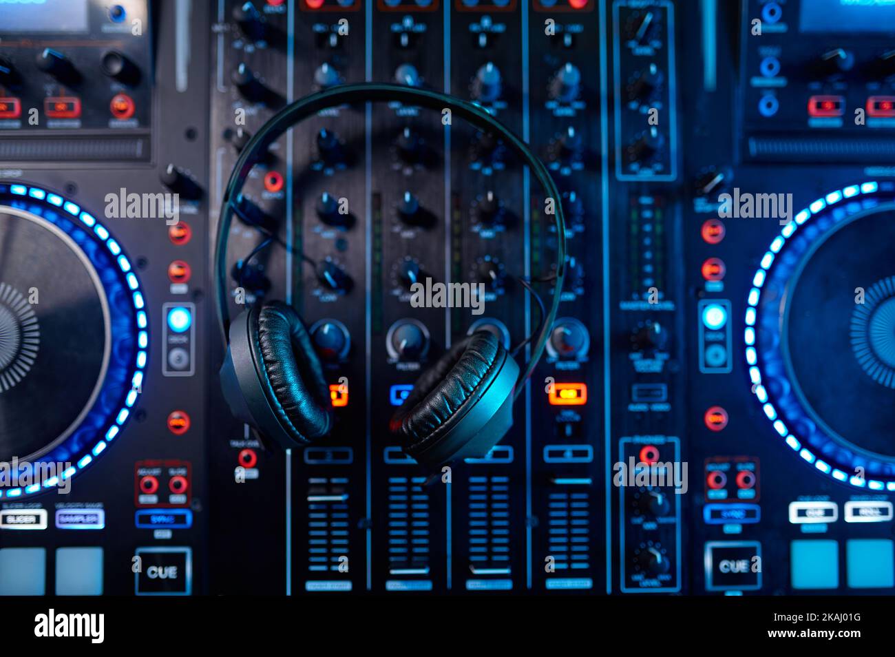 Top view on audio studio sound mixer panel with headphones Stock Photo ...