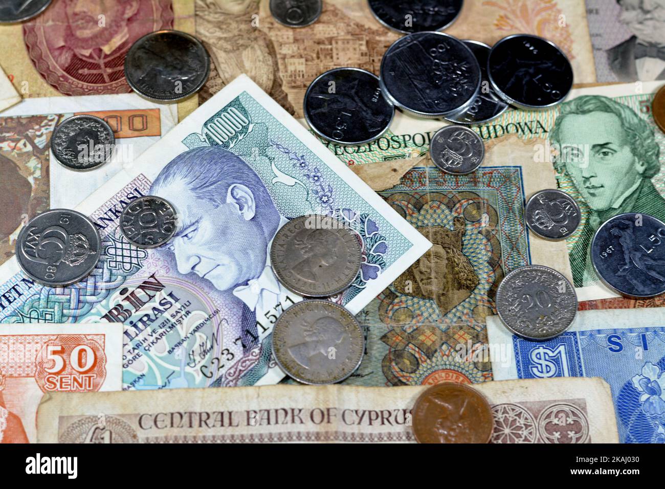 Background of old cash money banknotes and coins from different ...