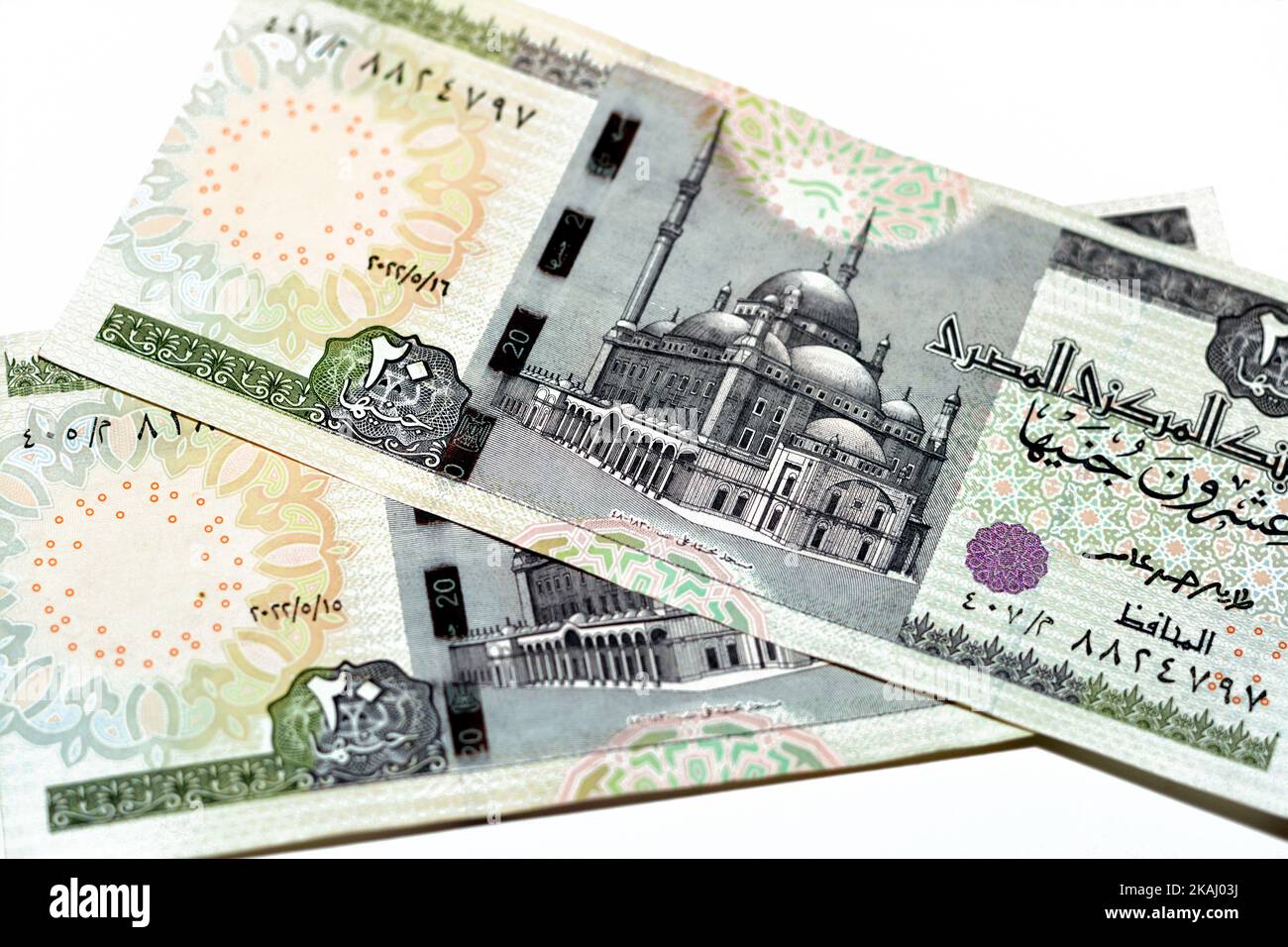 obverse side of 20 LE EGP twenty Egyptian pounds money banknotes ...