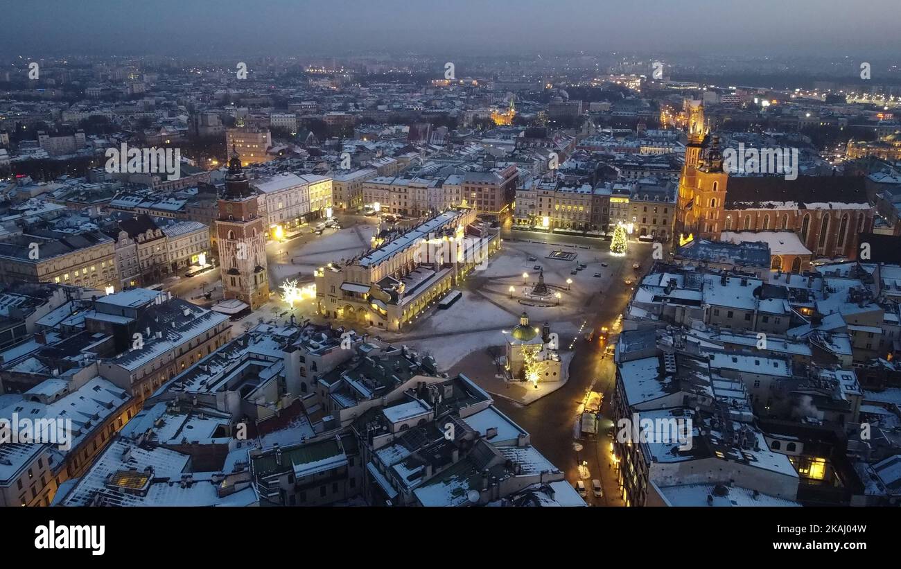 top view of the historic main square in Krakow in a winter morning ...