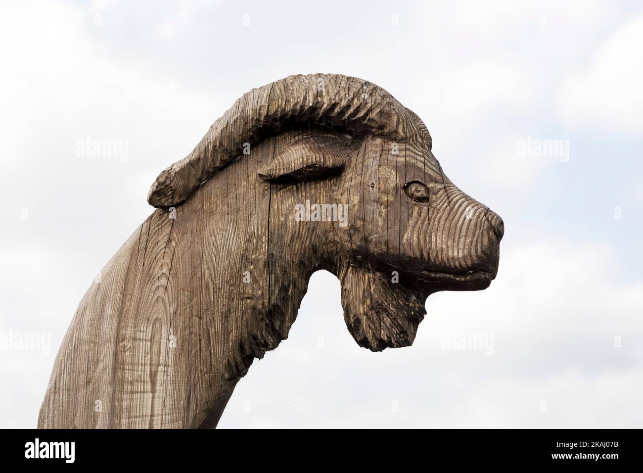 An animal head carved into a Anglo-Saxon style wooden pillar at ...