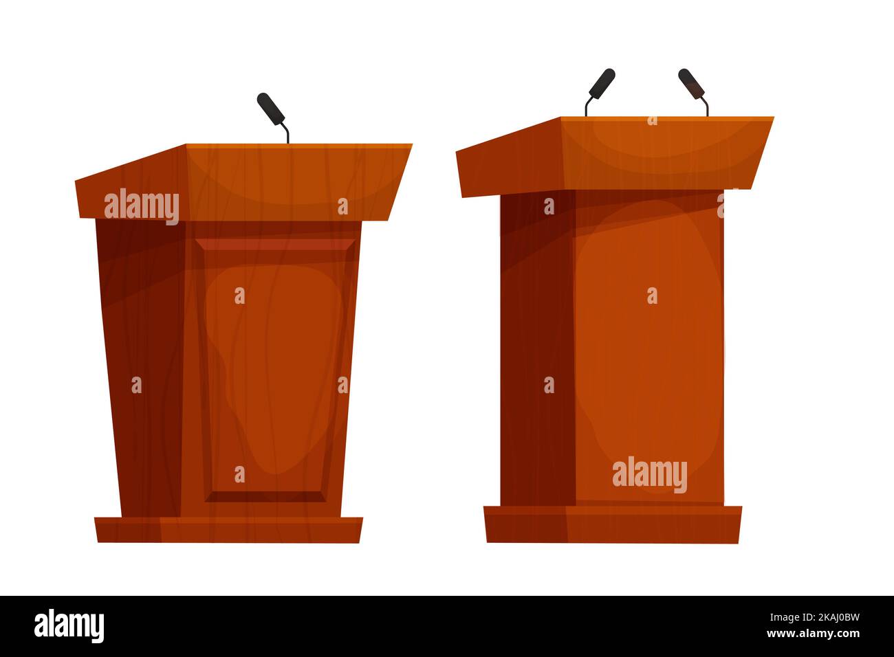 Wooden Speech Tribune Orator Podium With Microphone In Cartoon Style Isolated On White