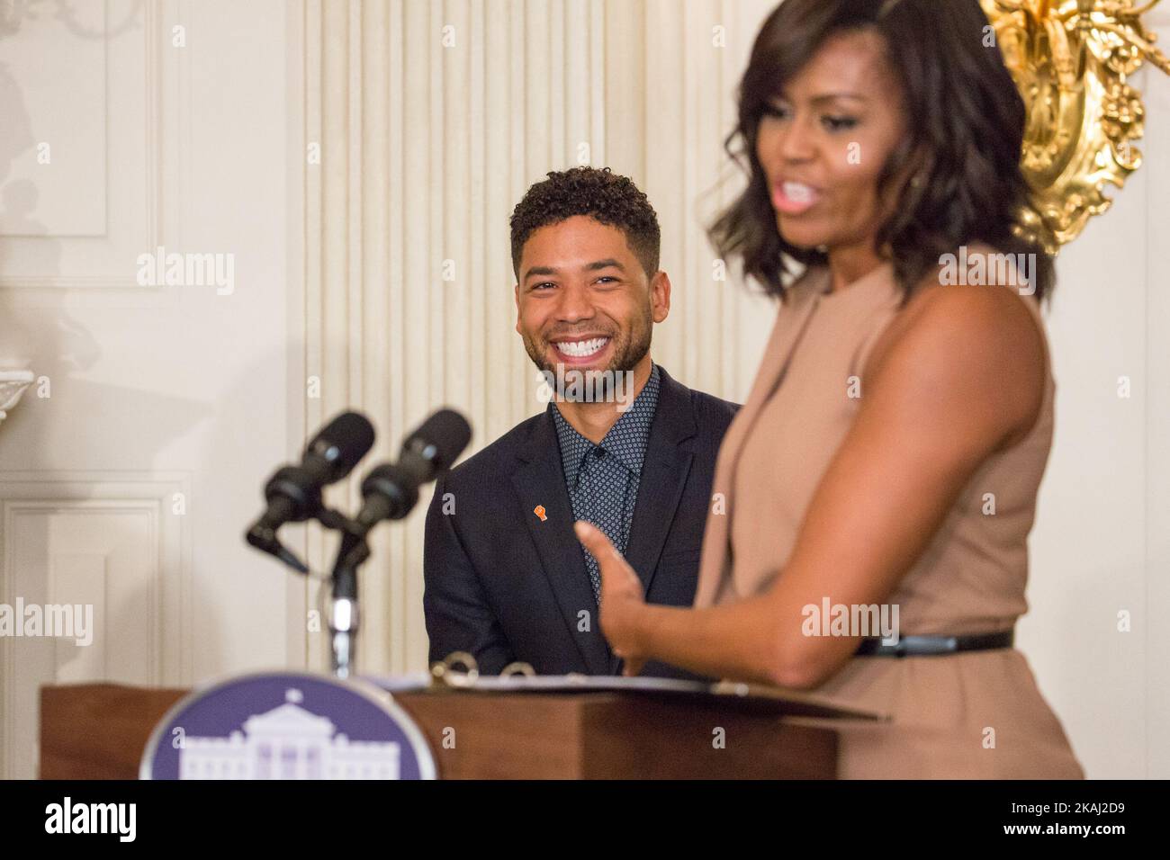 Jussie Smollett laughs as First Lady Michelle Obama speaks to students ...