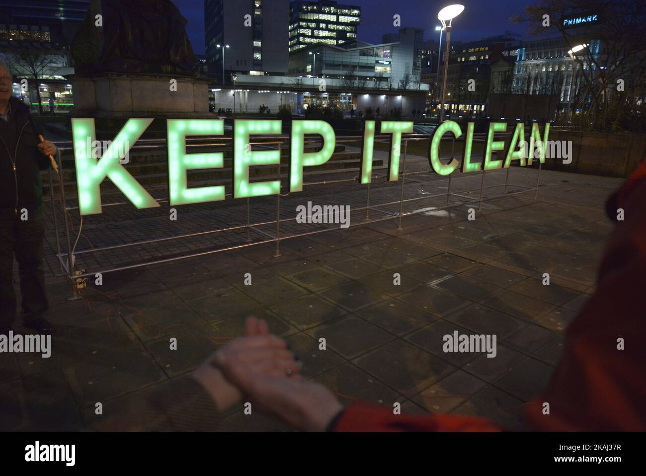 Light illuminating the 'Keep It Clean' sculpture, commissioned by the ...