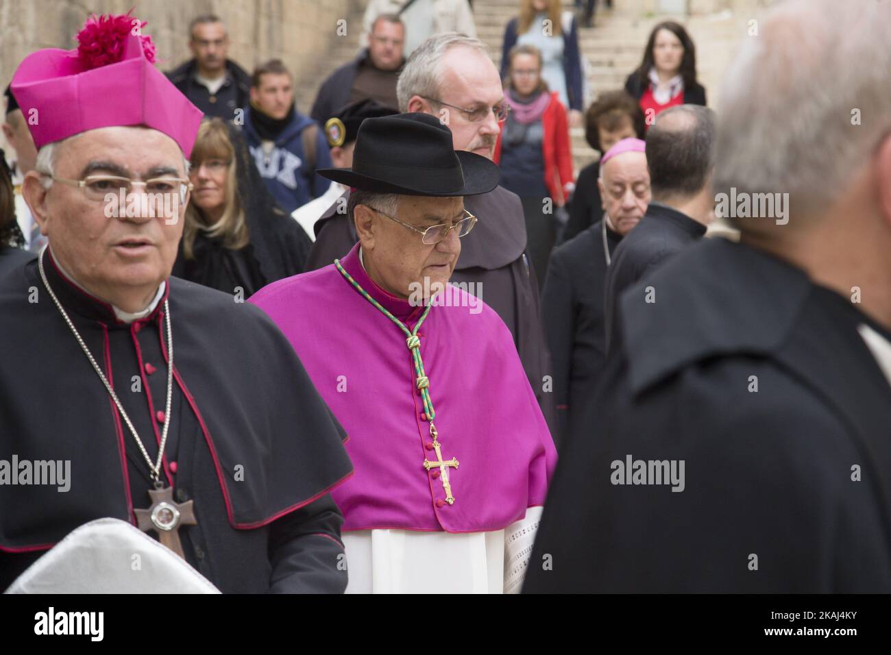 Latin Patriarch of Jerusalem Fouad Twal (C) and clergymen are pictured ...