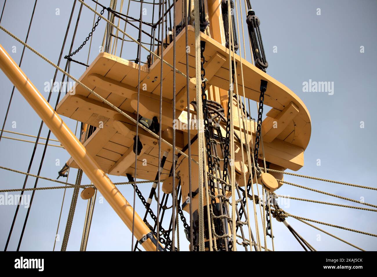 A closeup of yellow HMS Gannet Boat masts at Chatham historic docks ...
