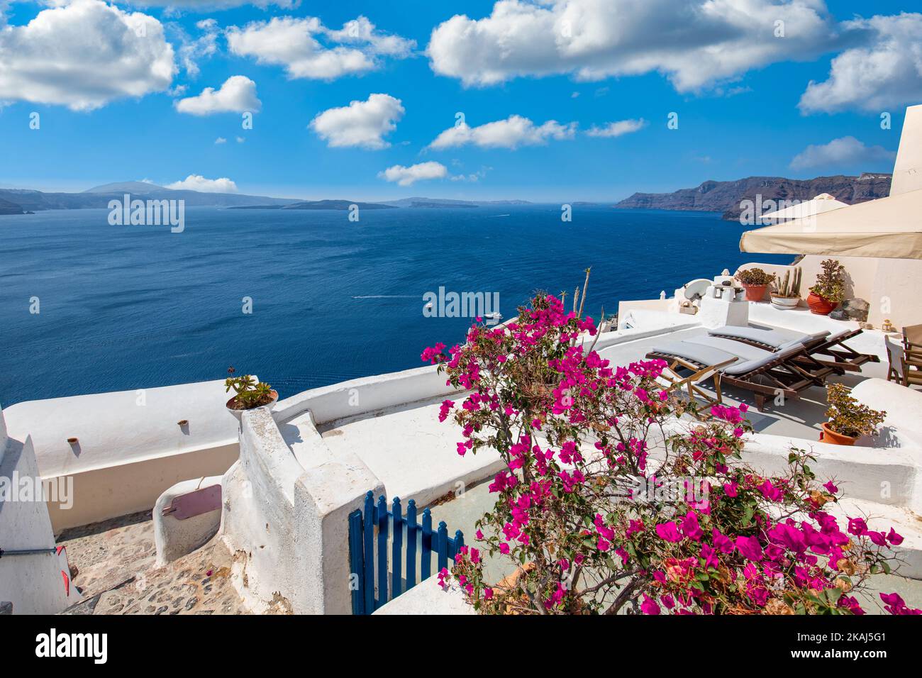 Greek island of Santorini. Amazing travel panorama, white houses ...