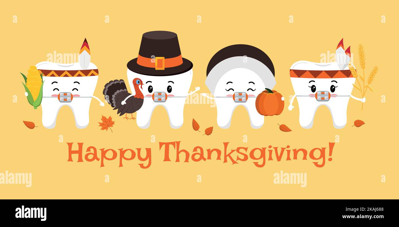 Thanksgiving happy teeth in braces on dentist card Stock Vector Image ...