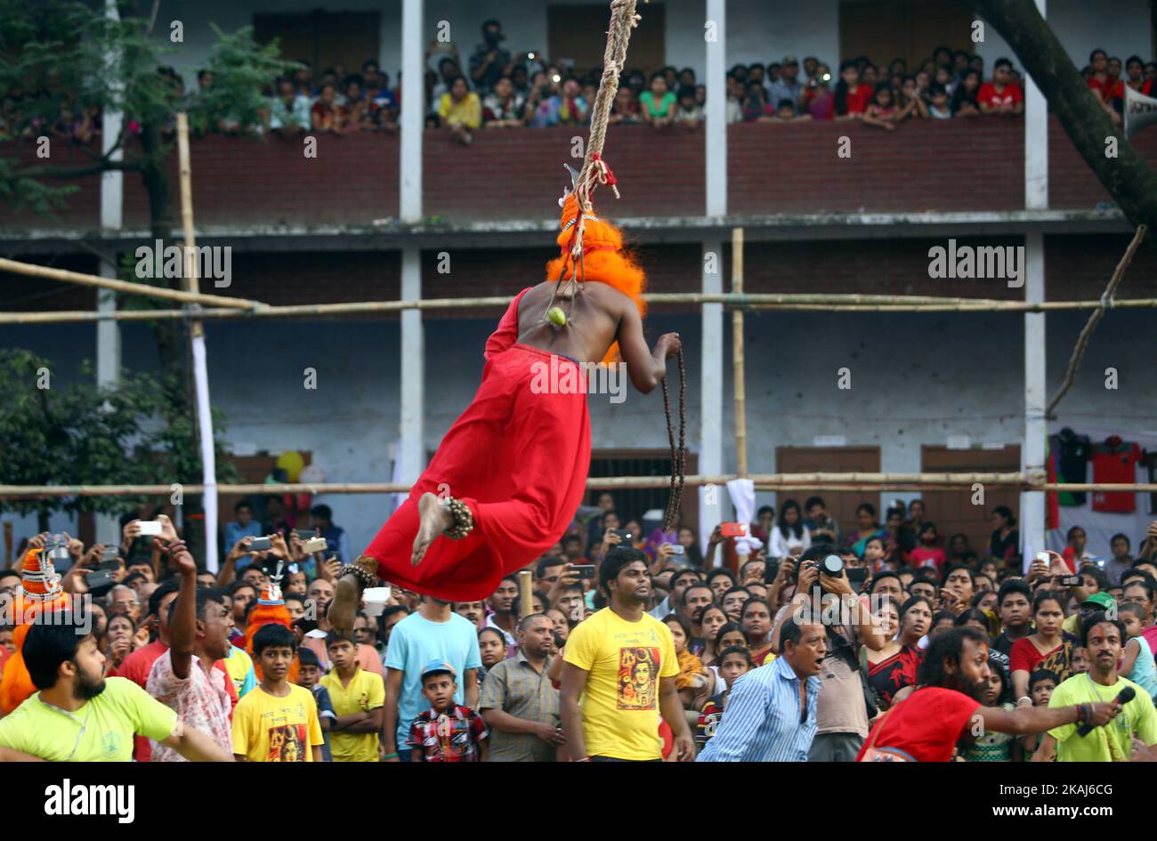 EDITORS NOTE GRAPHIC CONTENT A devotee tied with a hook on his back is ...