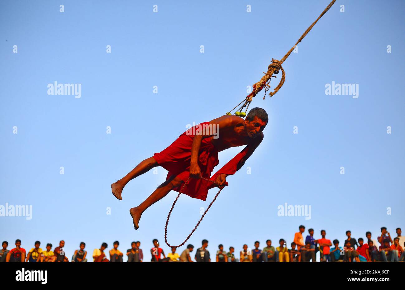 EDITORS NOTE GRAPHIC CONTENT A devotee tied with a hook on his back is ...
