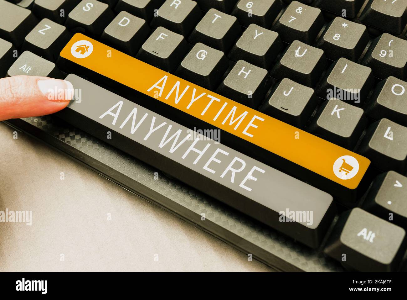 Text caption presenting Anytime Anywhere. Word for obtainable goal when ...