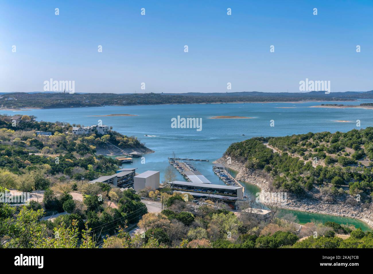 Scenic panorama of Lake Austin in Texas with blue sky view in the ...