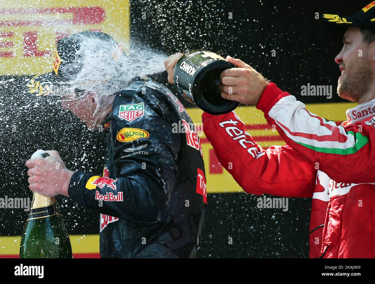 Max Verstappen and Sebastian Vettel on the podium of the GP Spain of ...