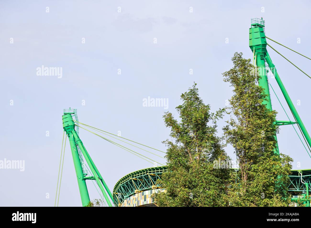 The low-angle partial view of trees before the columns of Jose Alvalade ...
