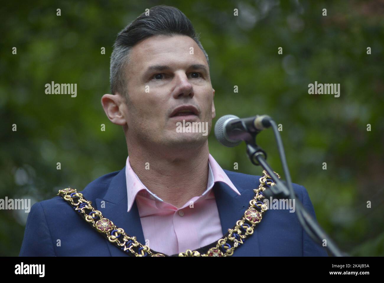 Carl Austin-Behan, Lord Mayor of Manchester, speaking at a solidarity ...