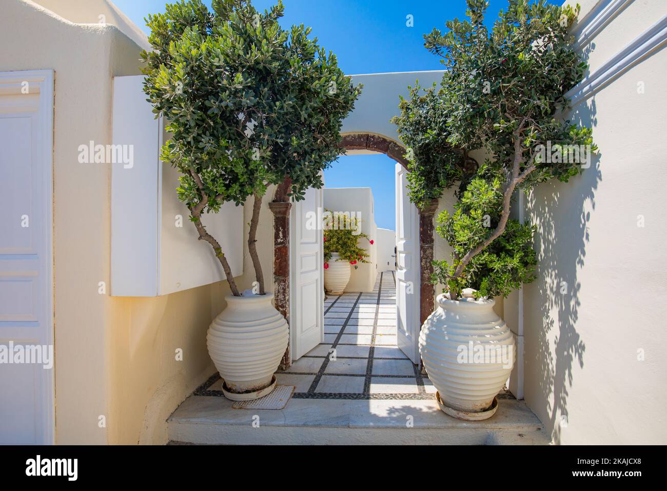 Oia town on Santorini island, Greece. Traditional famous white blue ...